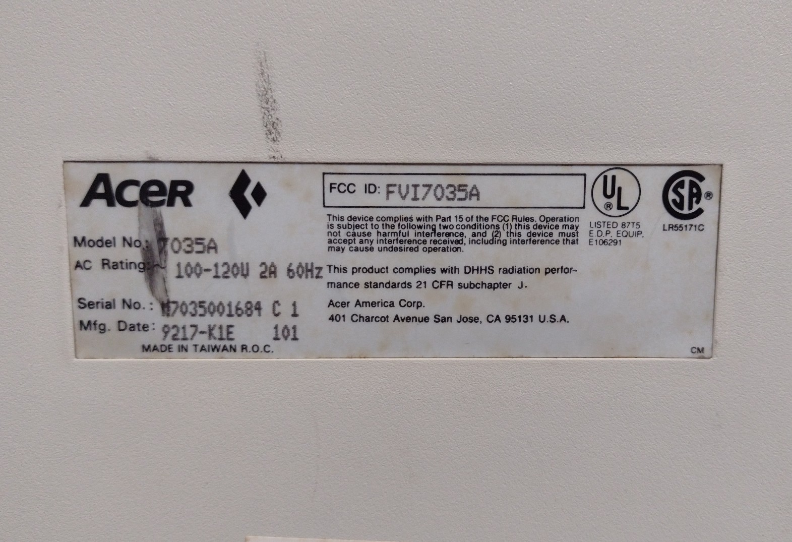 Acer AcerView 35 UVGA (7035A) | CRT Database