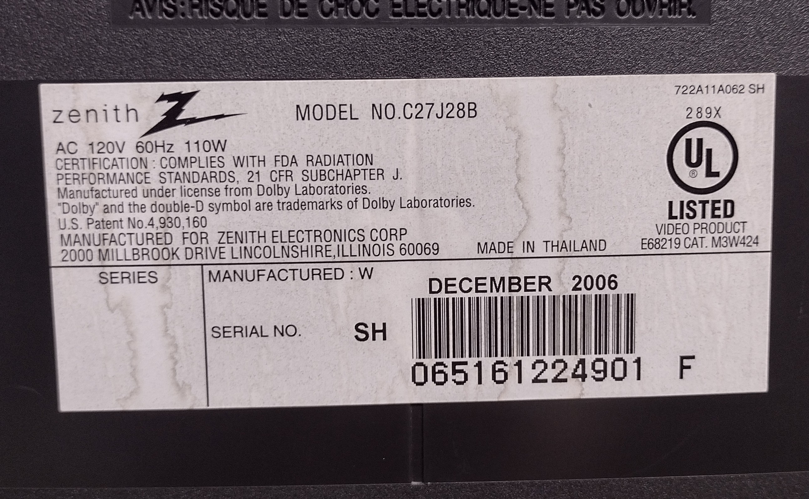 Zenith C27J28B | CRT Database