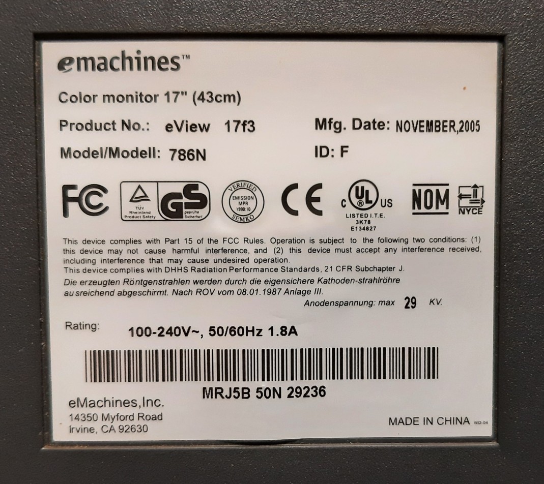 emachines eView 17f3 (786N) | CRT Database