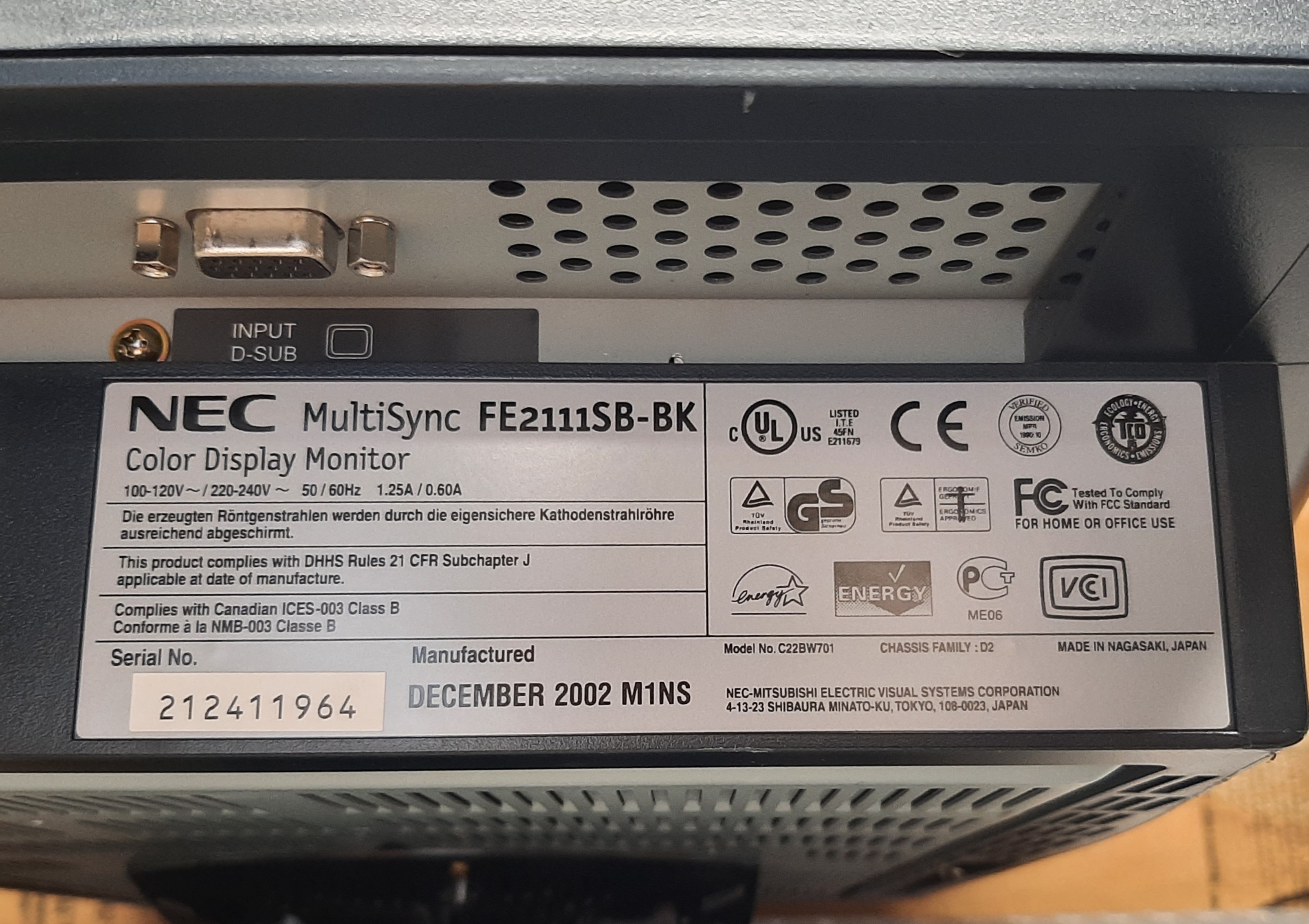 NEC MultiSync FE2111SB | CRT Database