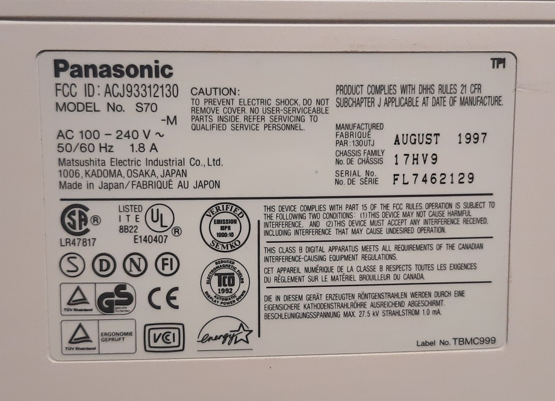 Panasonic Panasync S70 | CRT Database