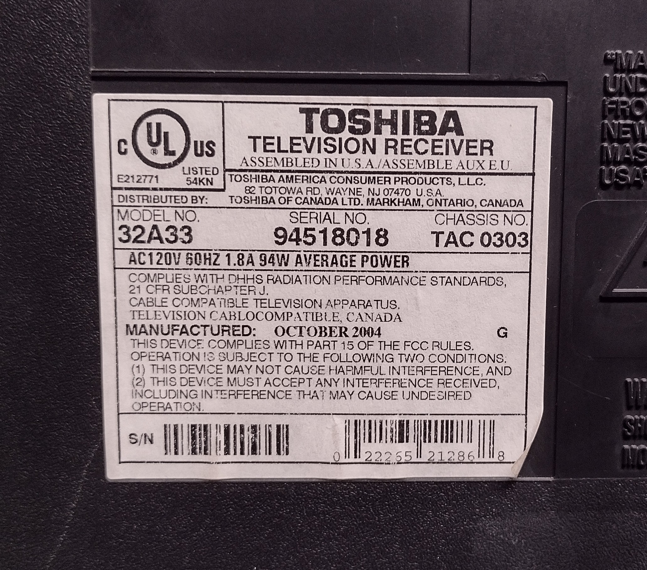 Toshiba 32A33 | CRT Database